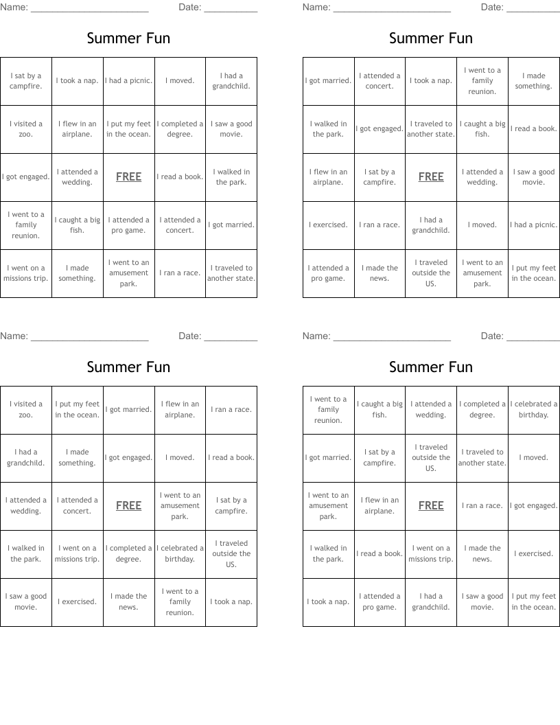 Summer Fun Bingo Cards WordMint