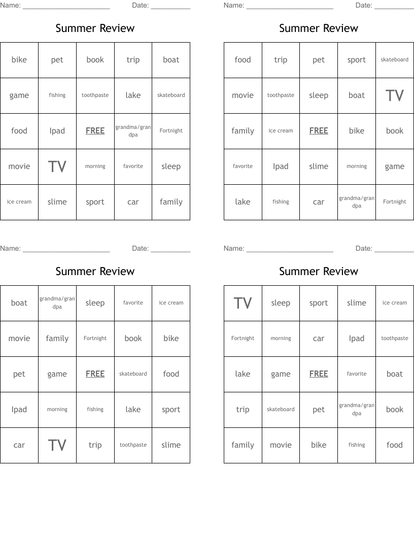 Summer Review Bingo Cards - WordMint