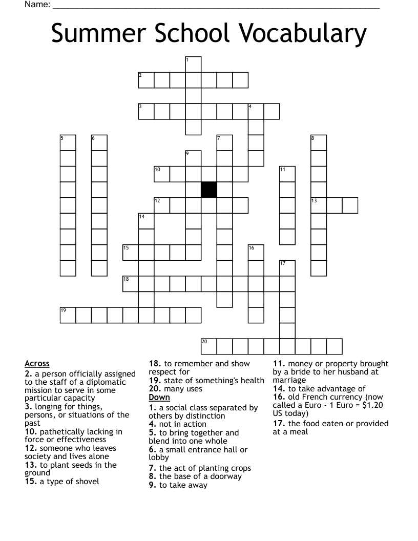 Summer School Vocabulary Crossword - WordMint