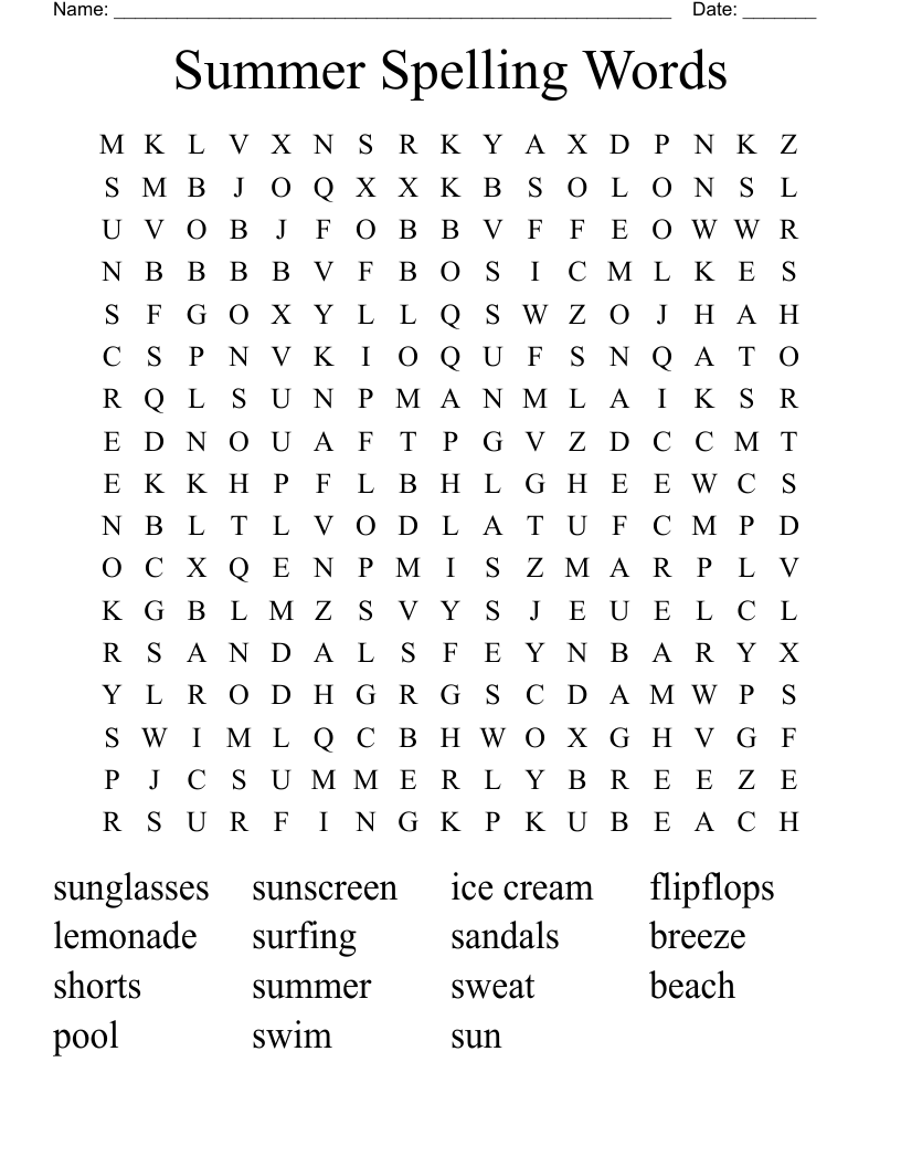 Summer Spelling Words Word Search - WordMint