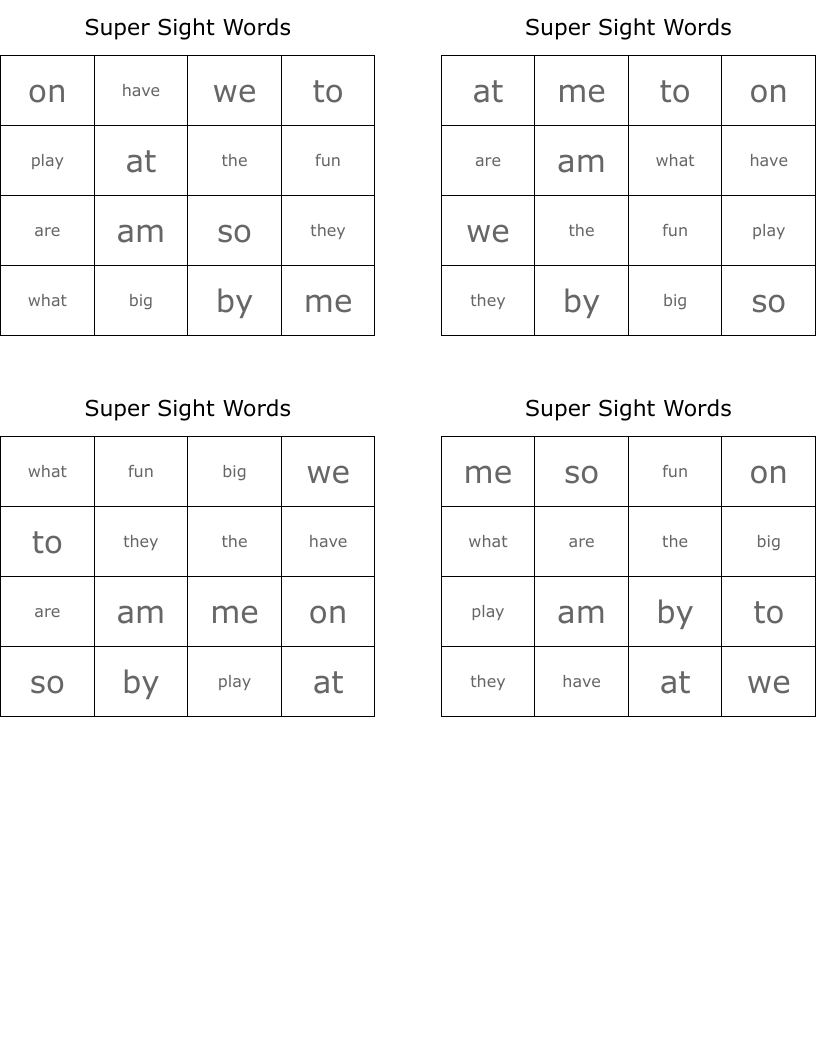 Super Sight Words Bingo Cards - WordMint