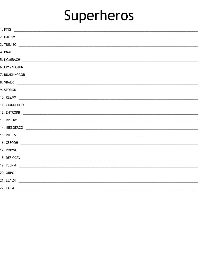 Superheros Word Scramble - WordMint