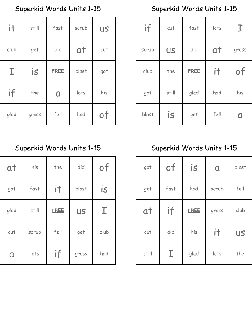 Superkid Words Units 1-15 Bingo Cards - WordMint