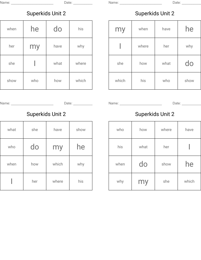 Superkids Unit 2 Bingo Cards - WordMint