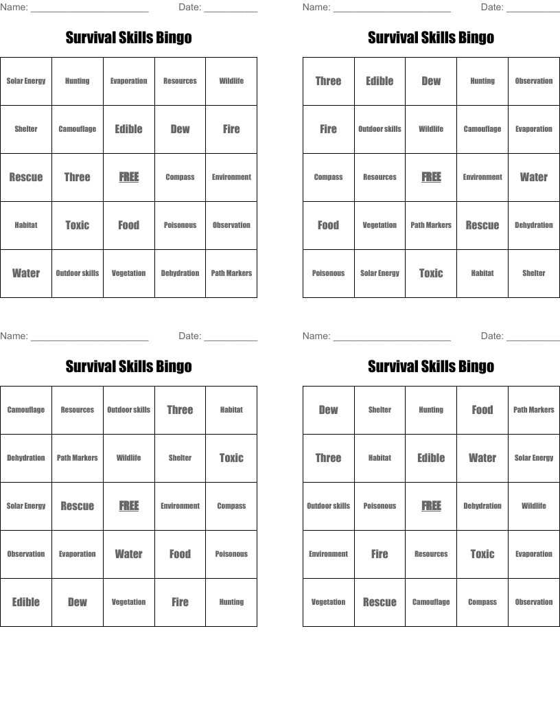 Survival Skills Bingo - WordMint