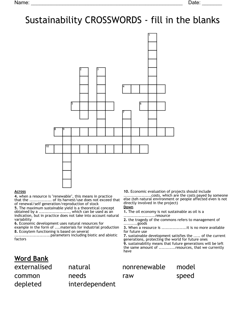 Sustainability CROSSWORDS - fill in the blanks - WordMint