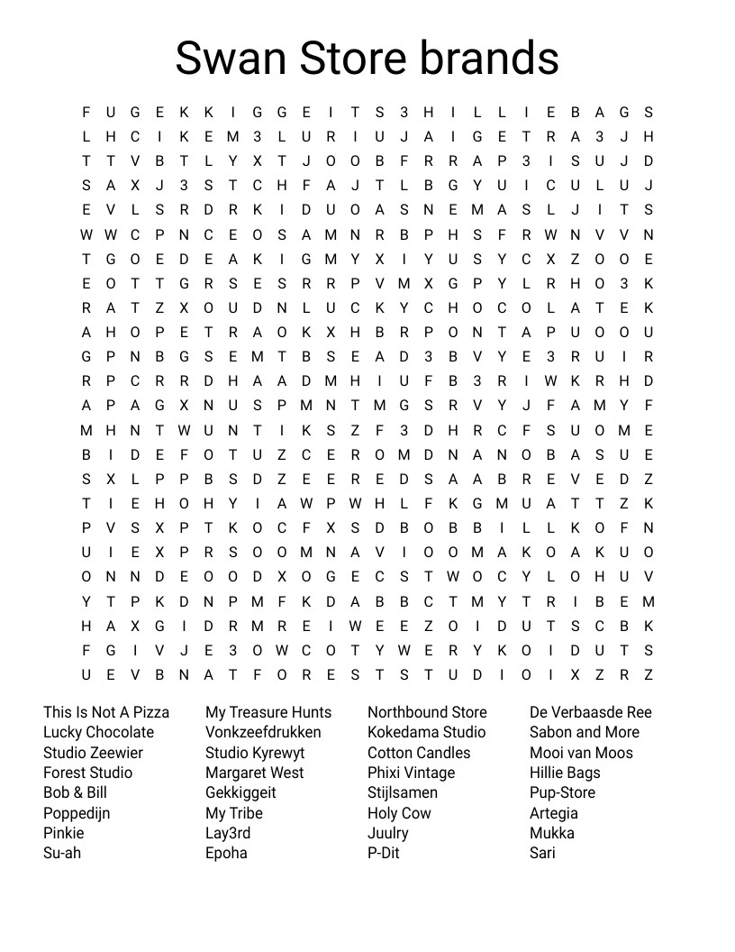 Swan Store brands Word Search - WordMint