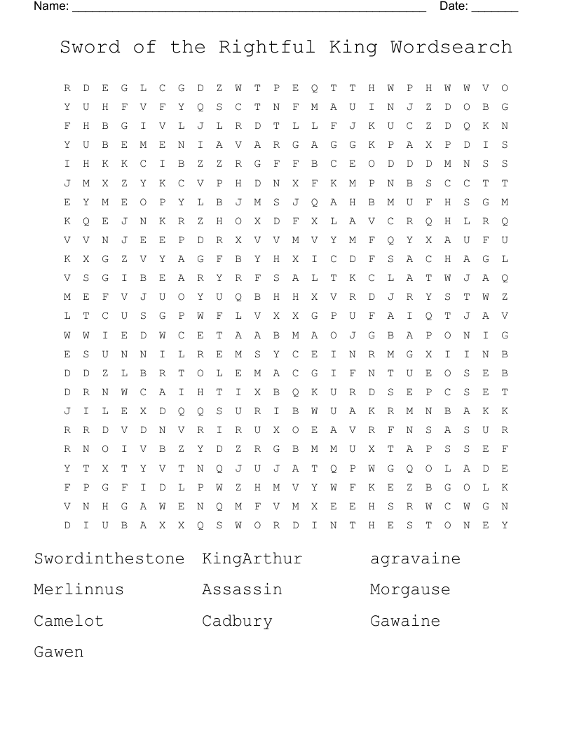 Sword of the Rightful King Wordsearch - WordMint