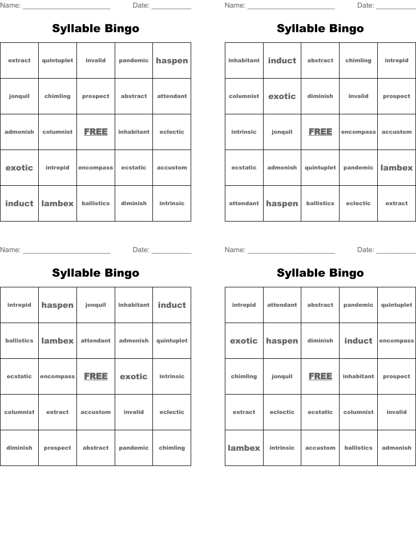 Syllable Bingo - WordMint