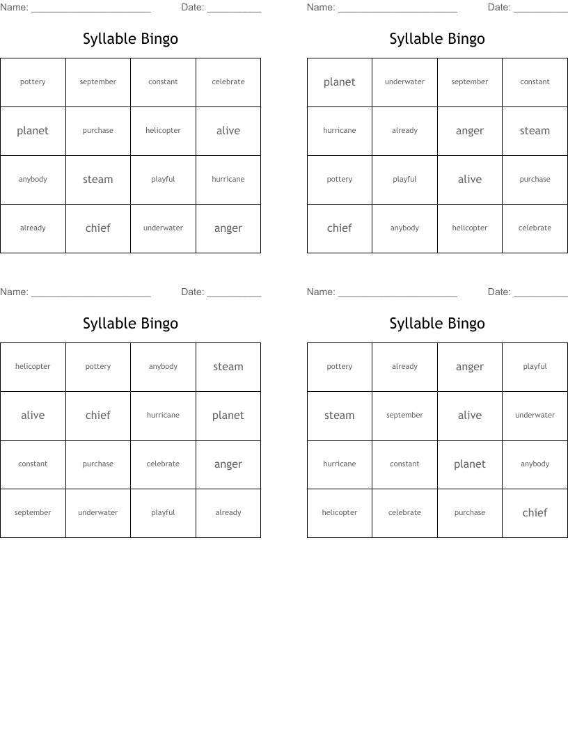 Syllable Bingo - WordMint