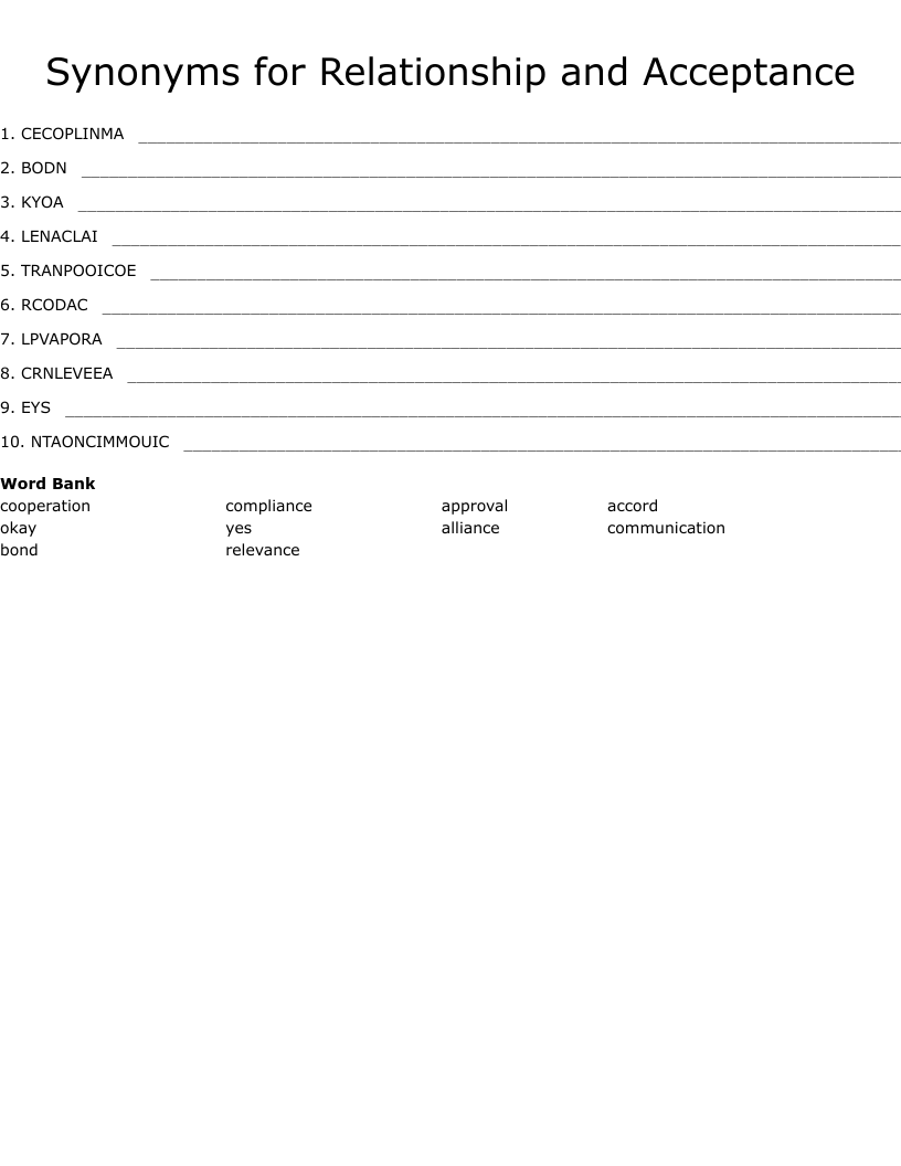 Synonyms for Relationship and Acceptance Word Scramble - WordMint
