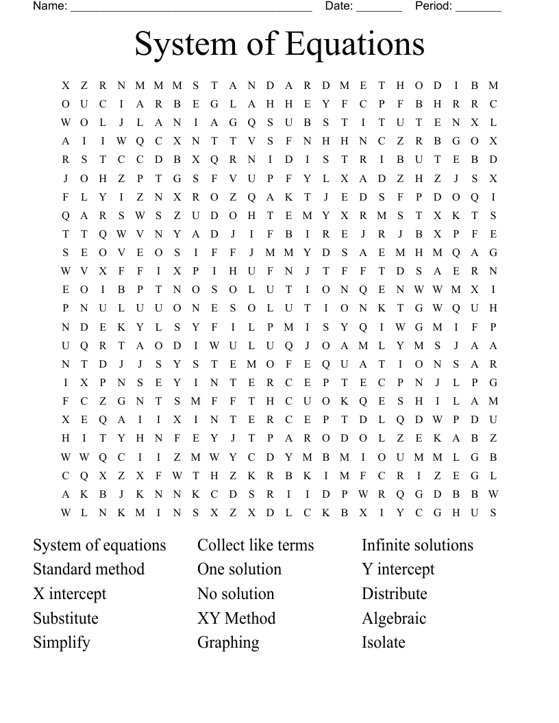 System of Equations Word Search - WordMint
