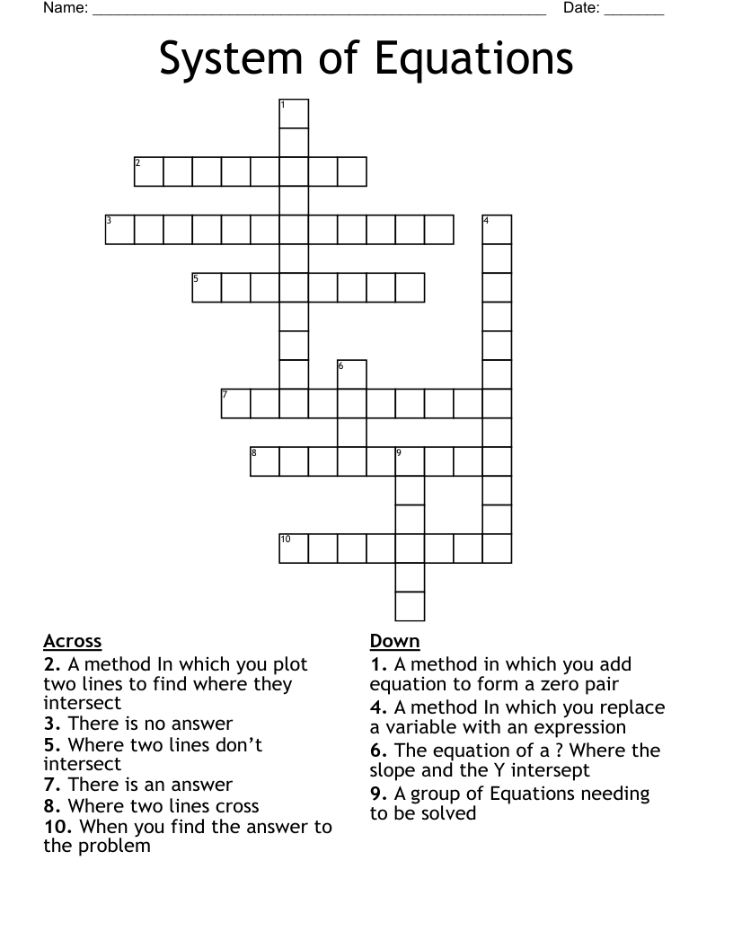 System of Equations Crossword - WordMint