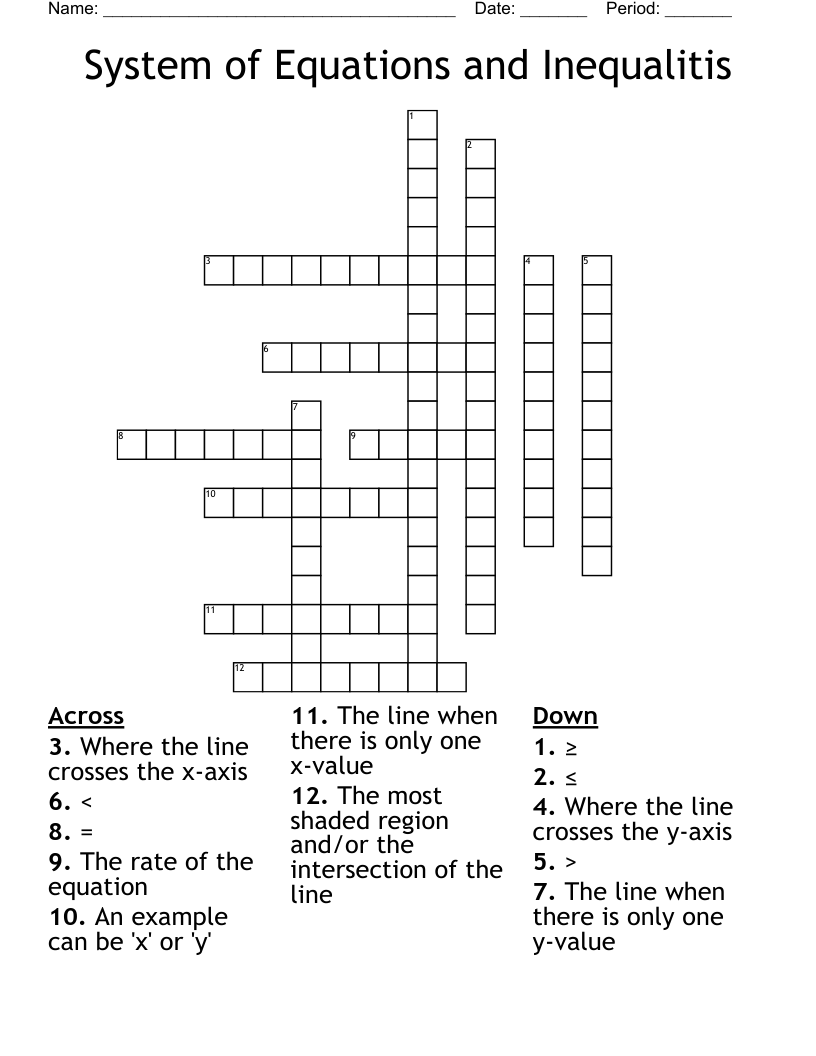 System of Equations and Inequalitis Crossword - WordMint