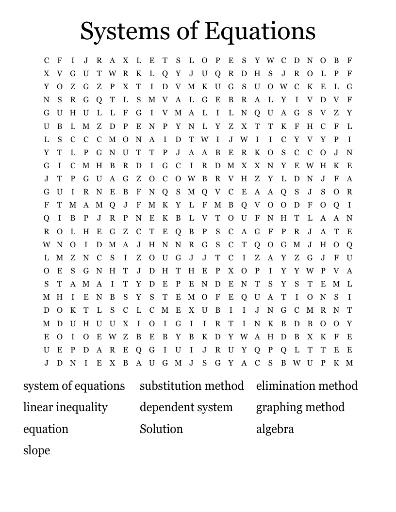 Systems of Equations Word Search - WordMint
