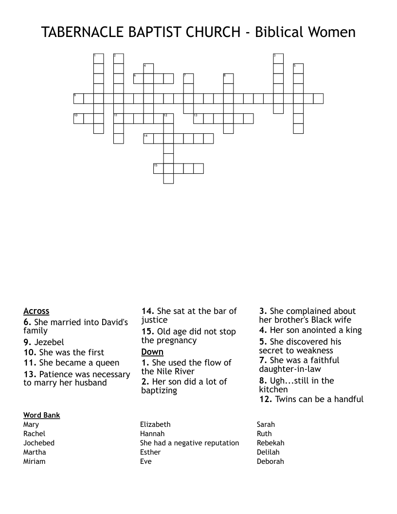 TABERNACLE BAPTIST CHURCH - Biblical Women Crossword - WordMint