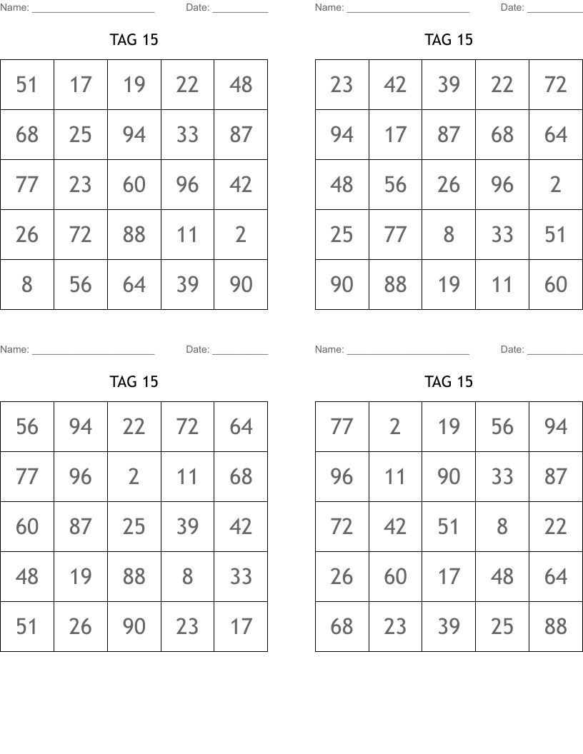 TAG 15 Bingo Cards - WordMint