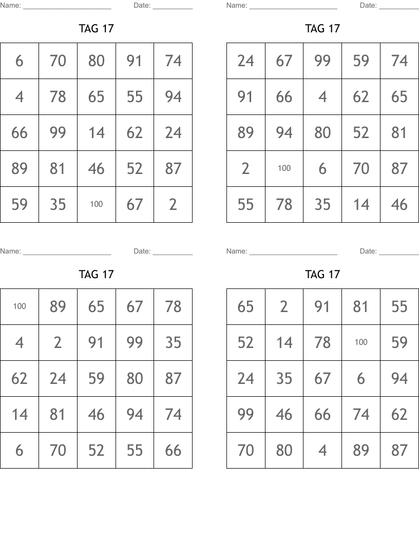 TAG 17 Bingo Cards - WordMint