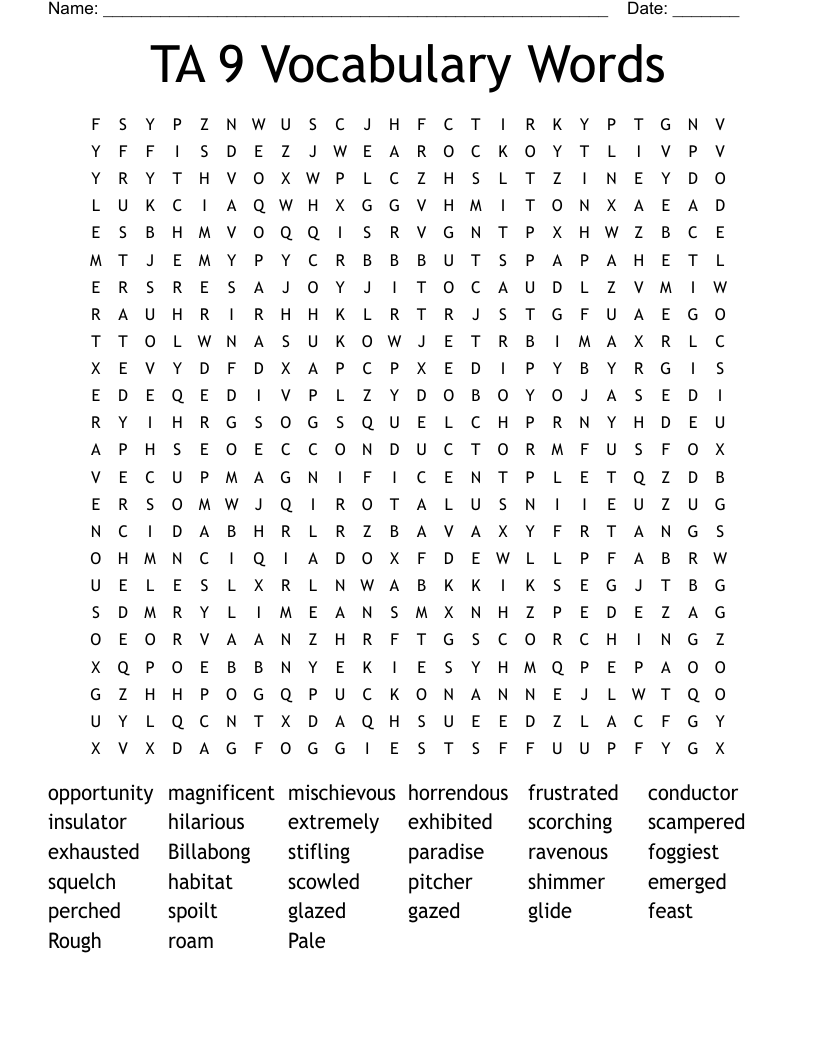 TA 9 Vocabulary Words Word Search - WordMint