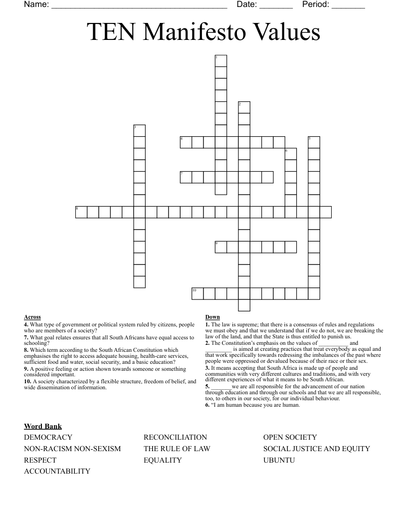 TEN Manifesto Values Crossword - WordMint