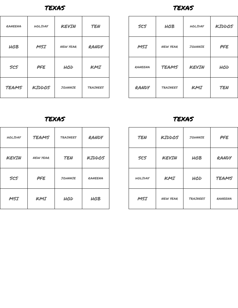 TEXAS Bingo Cards - WordMint