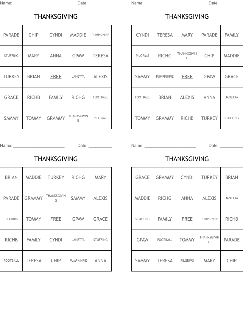 THANKSGIVING Bingo Cards - WordMint