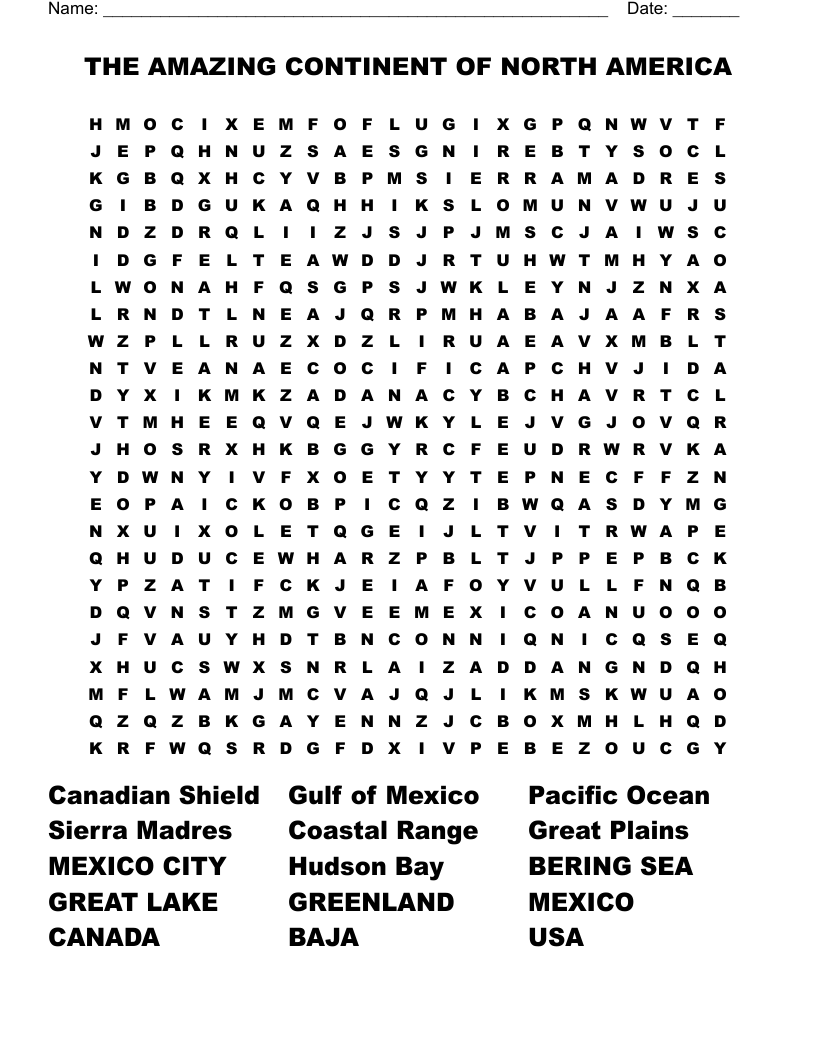 THE AMAZING CONTINENT OF NORTH AMERICA Word Search WordMint