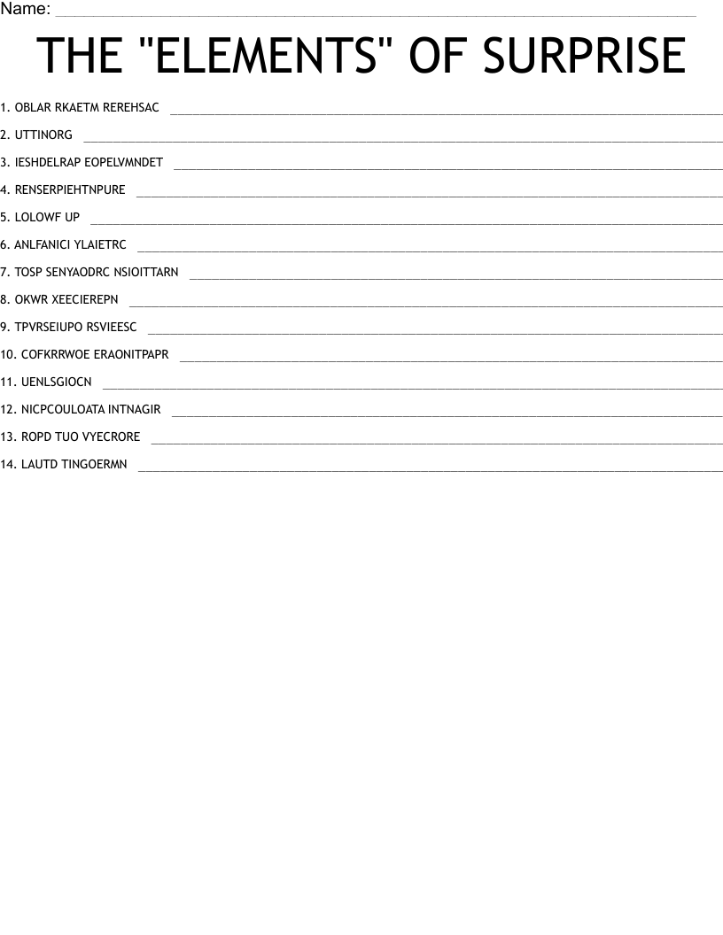 THE "ELEMENTS" OF SURPRISE Word Scramble - WordMint