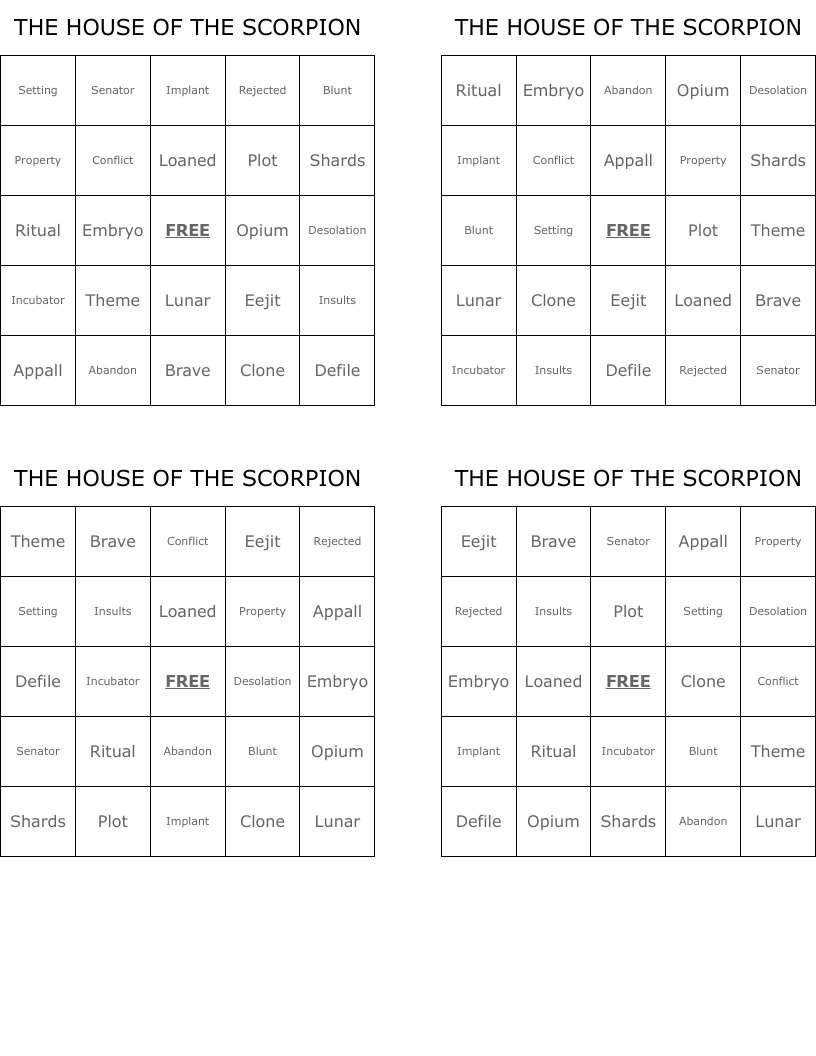 THE HOUSE OF THE SCORPION Bingo Cards - WordMint