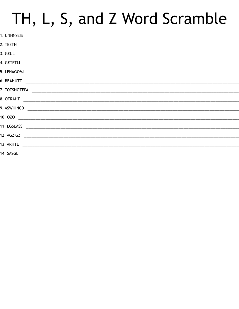 TH, L, S, and Z Word Scramble - WordMint