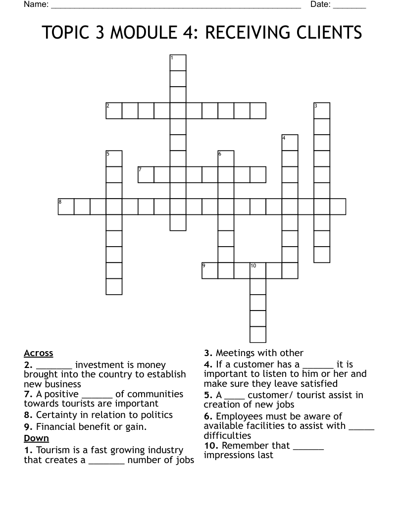 TOPIC 3 MODULE 4: RECEIVING CLIENTS Crossword - WordMint