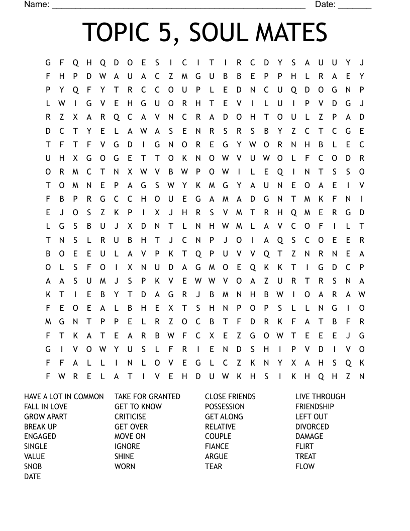 TOPIC 5, SOUL MATES Word Search - WordMint