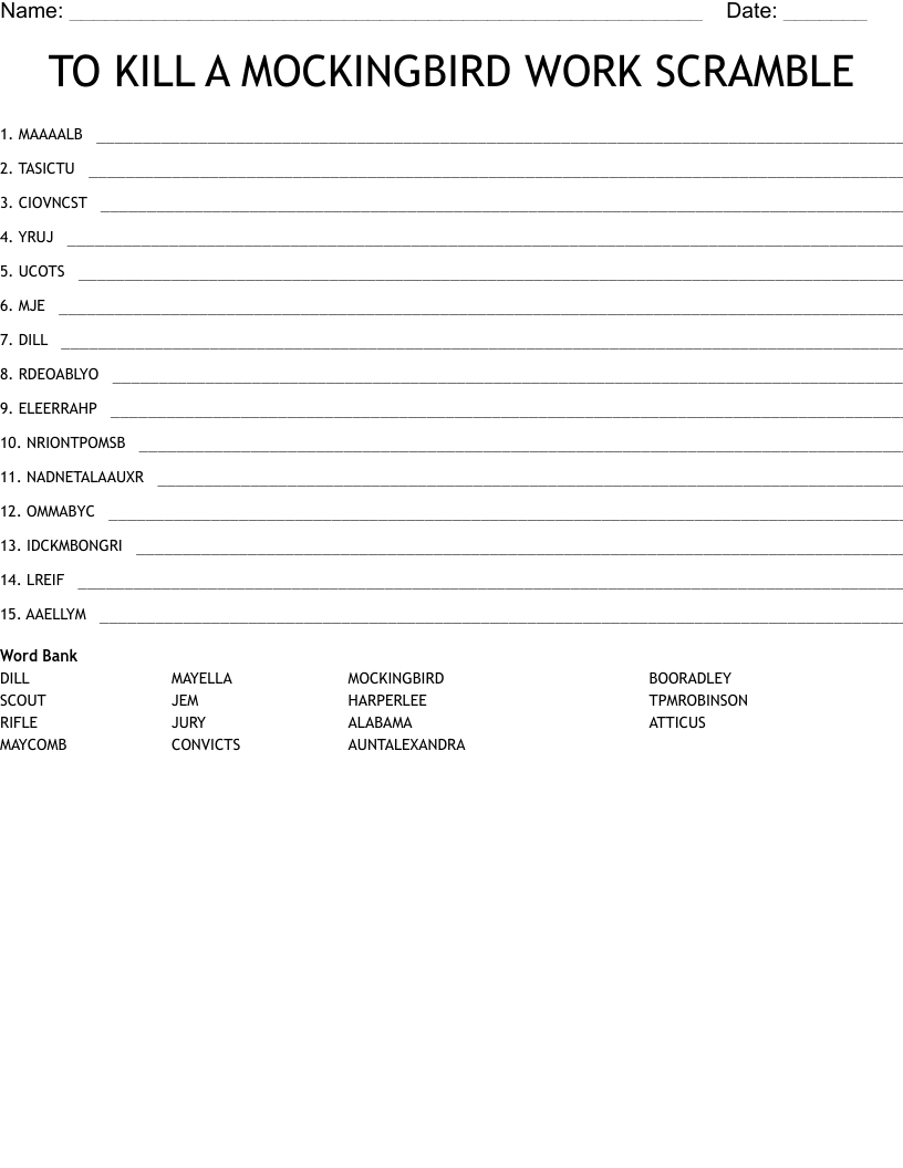 TO KILL A MOCKINGBIRD WORK SCRAMBLE - WordMint