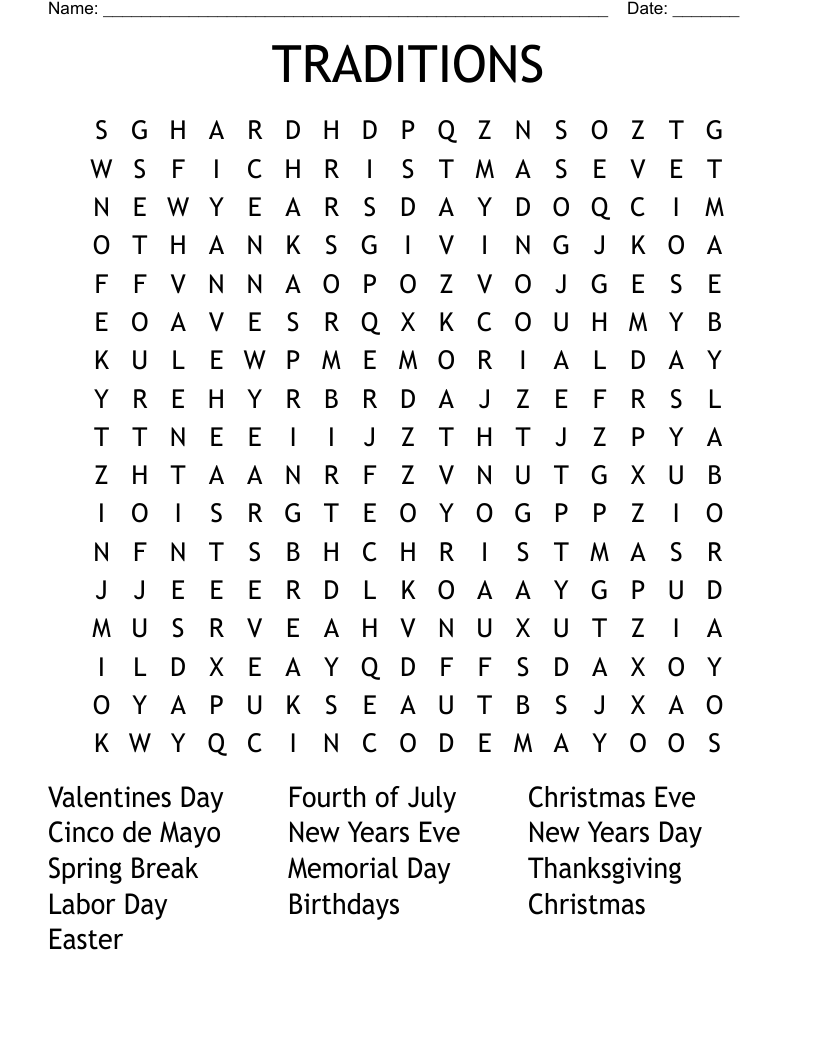 TRADITIONS Word Search - WordMint