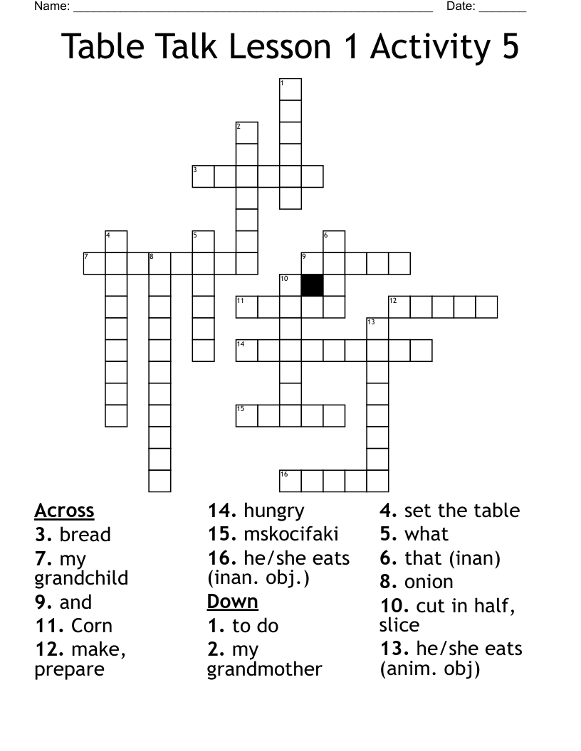 Table Talk Lesson 1 Activity 5 Crossword WordMint