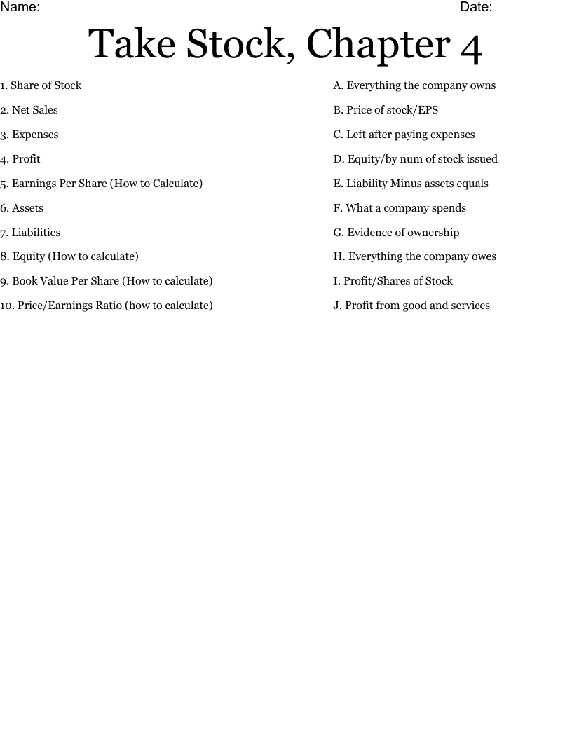 Take Stock, Chapter 4 Worksheet - WordMint