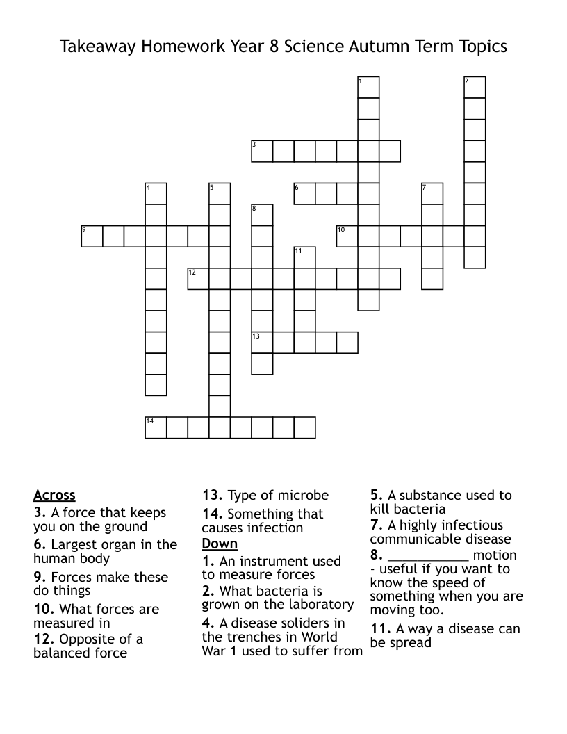 Takeaway Homework Year 8 Science Autumn Term Topics Crossword - WordMint