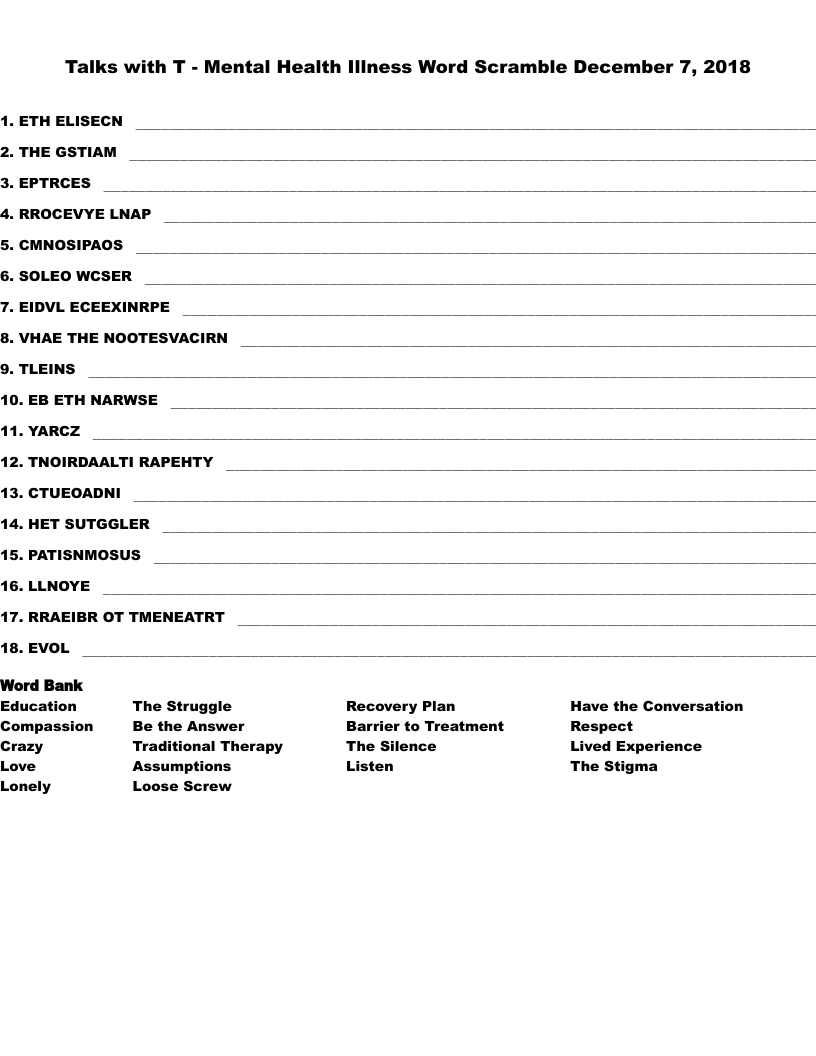 Talks with T - Mental Health Illness Word Scramble December 7, 2018 ...