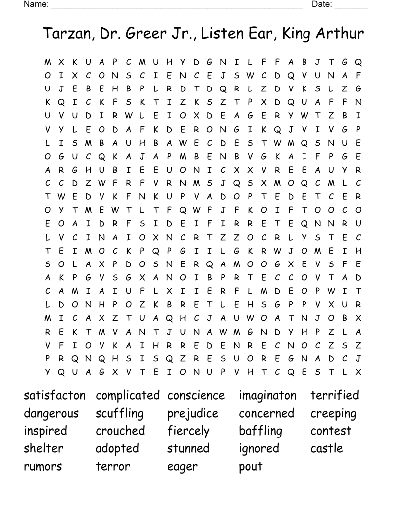 Tarzan, Dr. Greer Jr., Listen Ear, King Arthur Word Search - WordMint