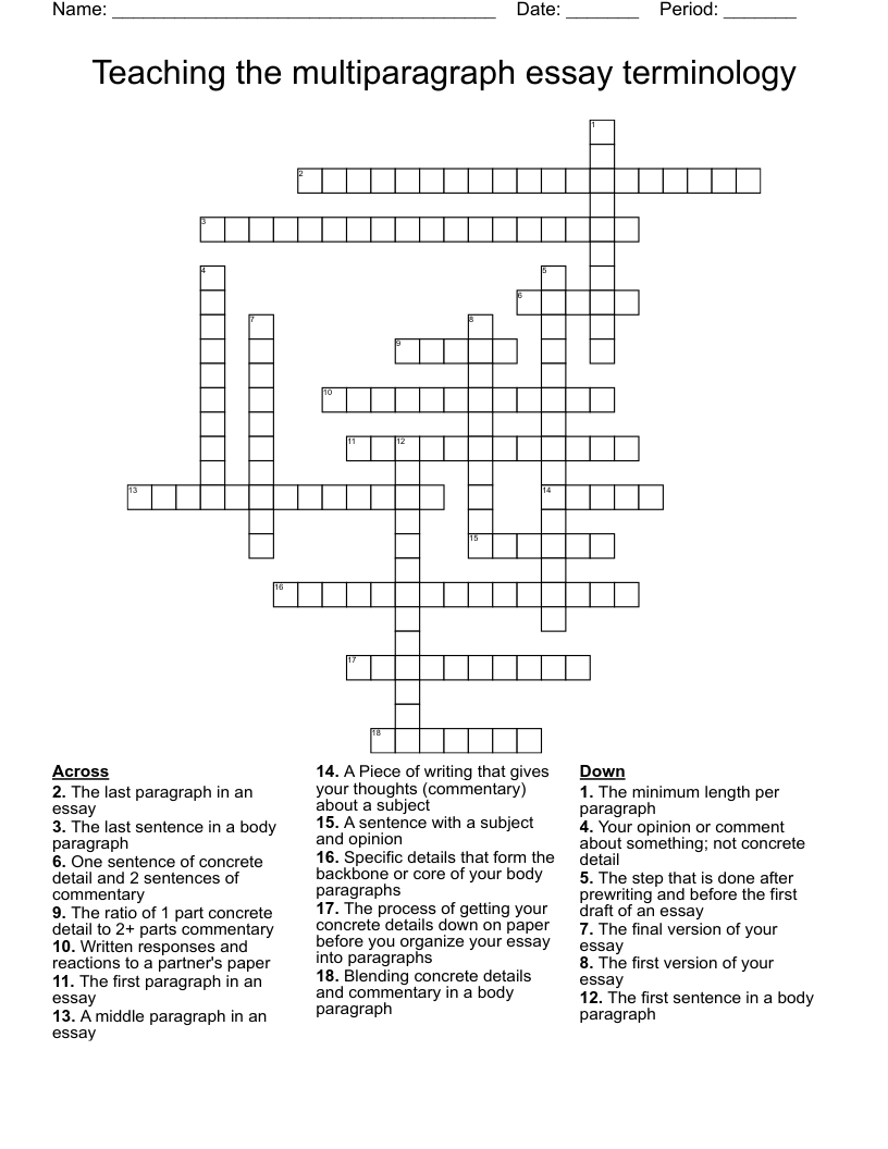Teaching The Multiparagraph Essay Terminology Crossword WordMint