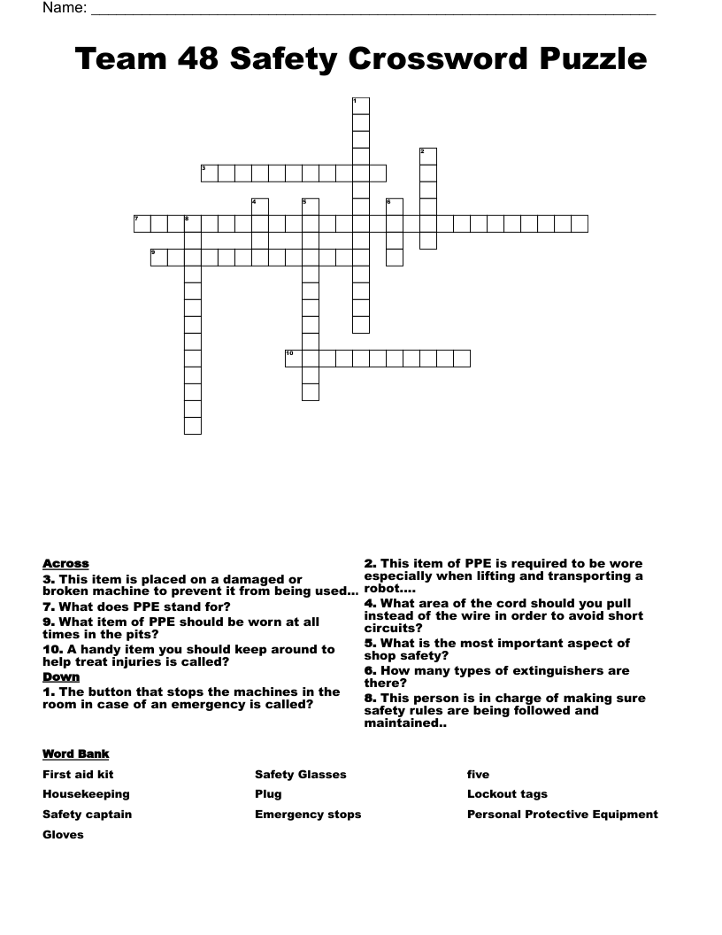 Team 48 Safety Crossword Puzzle - WordMint