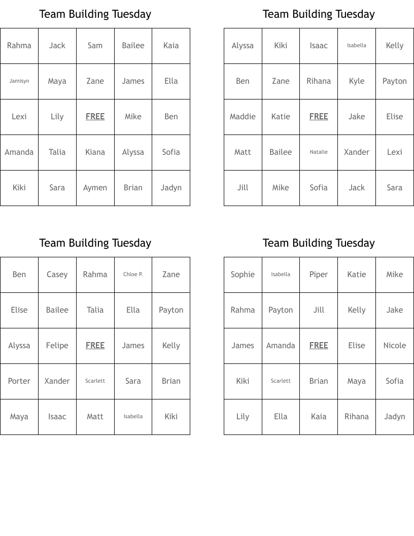 Team Building Tuesday Bingo Cards WordMint