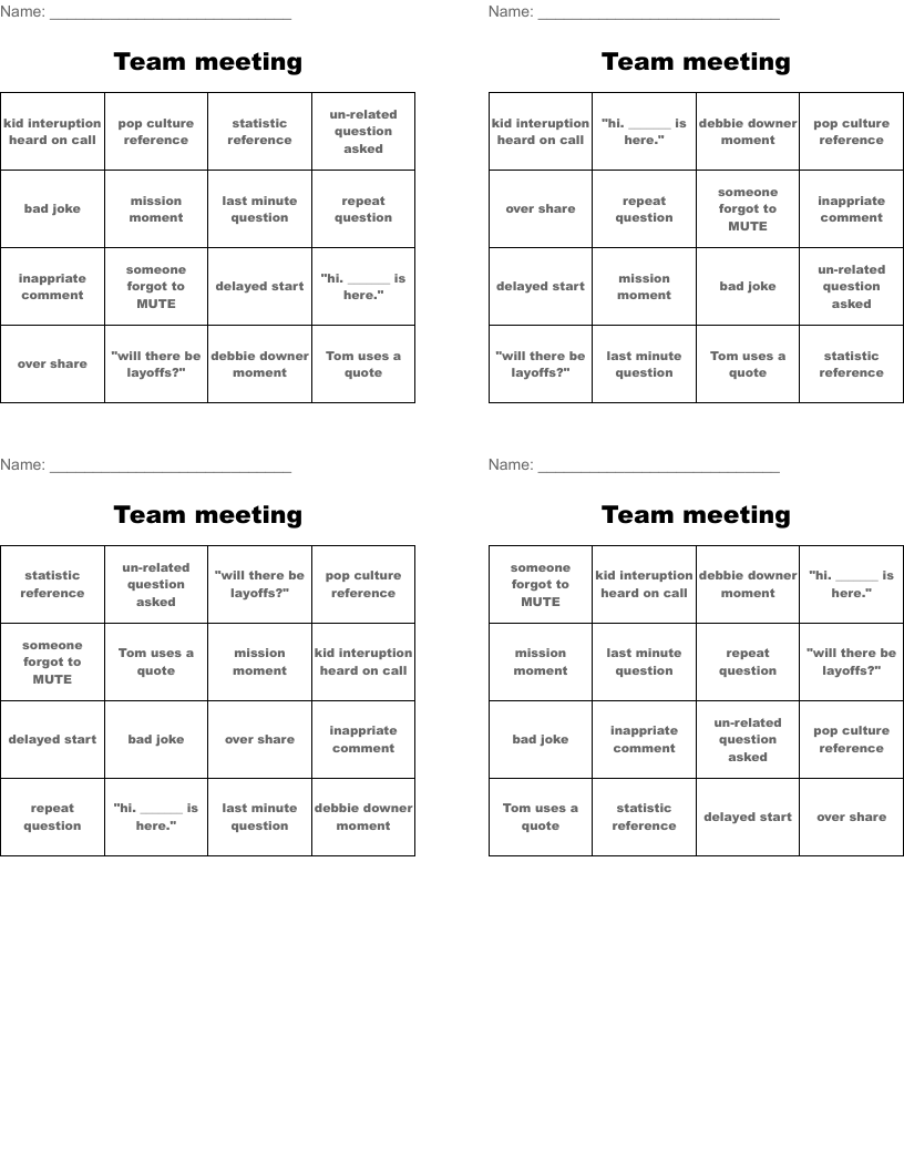 Team meeting Bingo Cards - WordMint