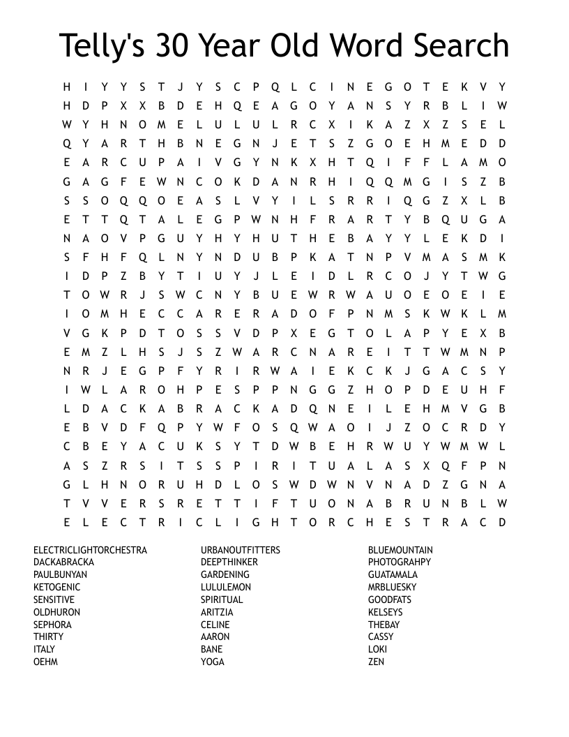Telly's 30 Year Old Word Search - WordMint