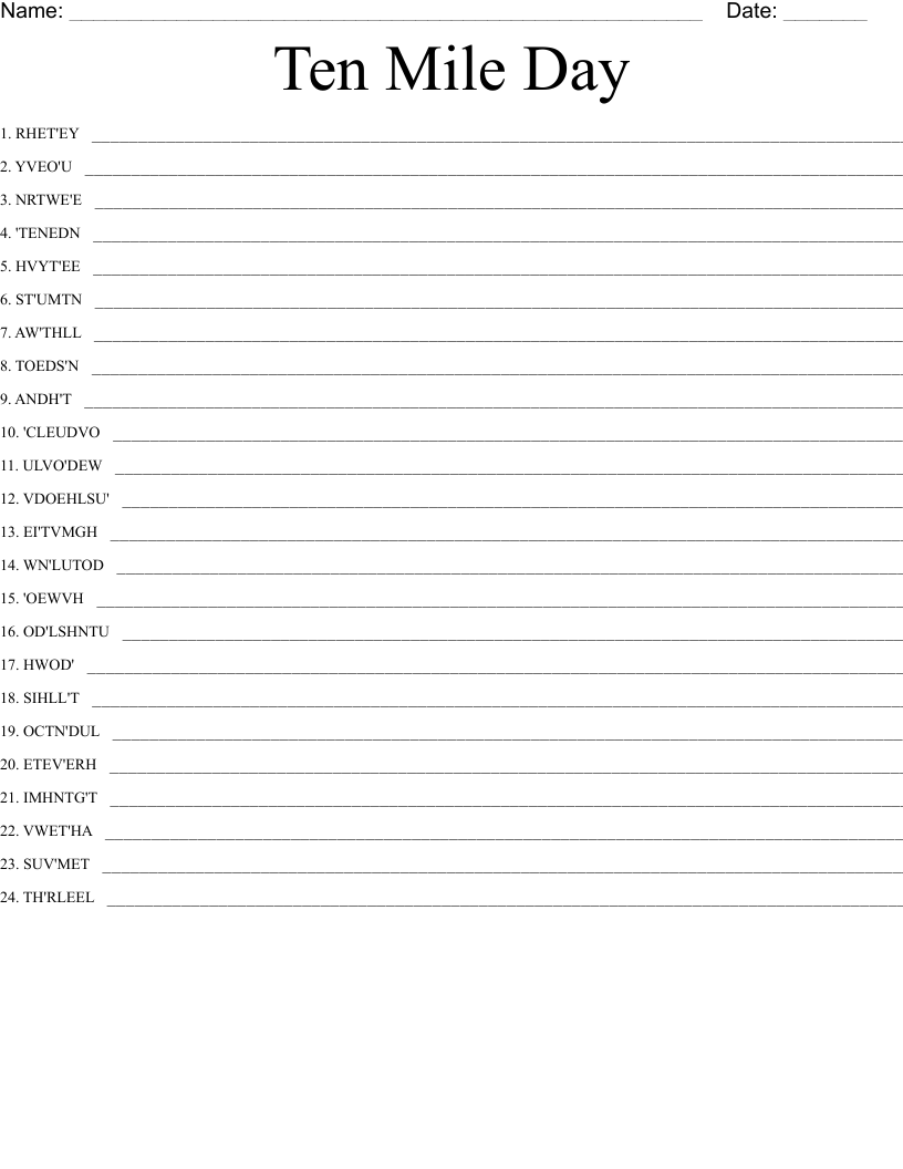 Ten Mile Day Word Scramble - WordMint