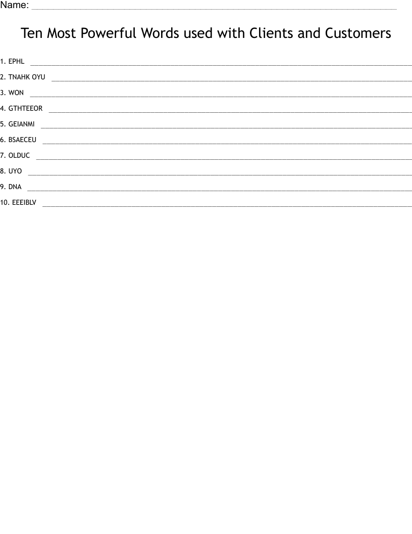 Ten Most Powerful Words used with Clients and Customers Word Scramble ...