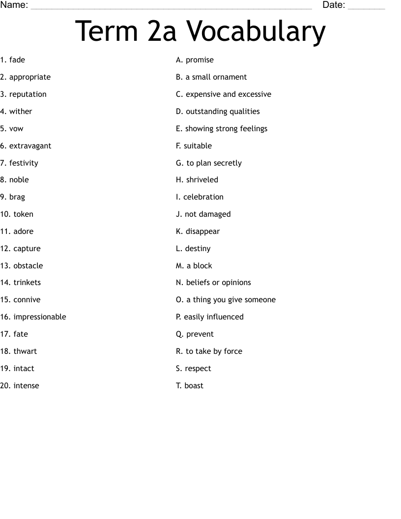 Term 2a Vocabulary Worksheet - WordMint