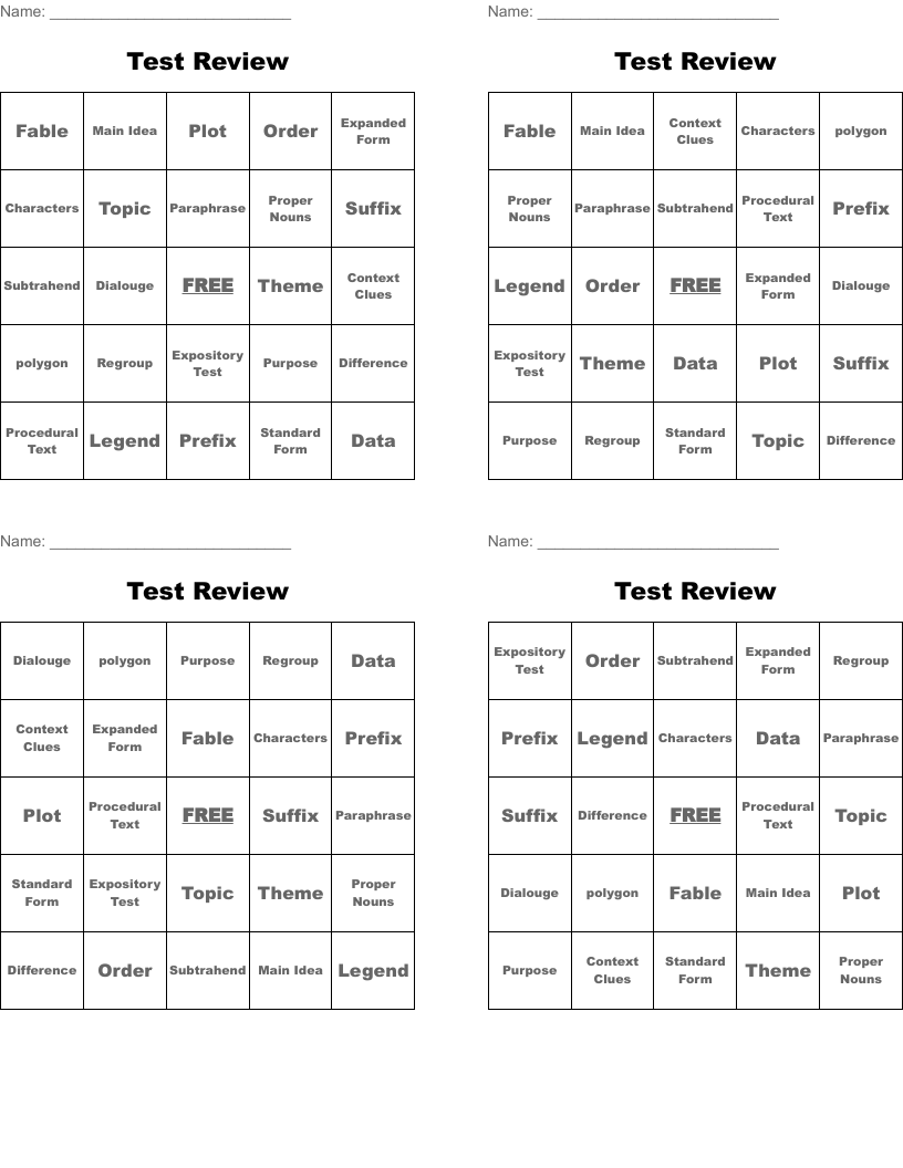 Test Review Bingo Cards - WordMint