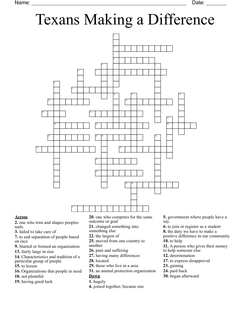 Texans Making a Difference Crossword - WordMint