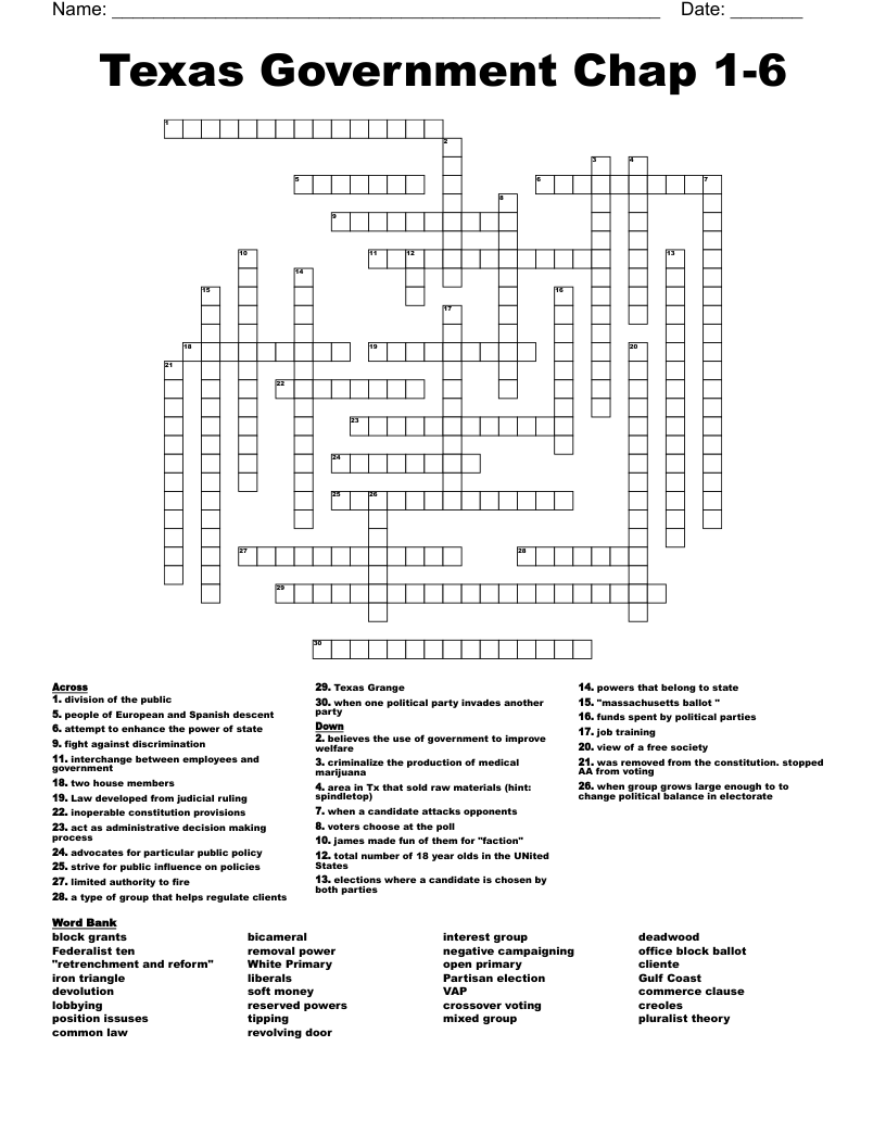 Texas Government Chap 1-6 Crossword - WordMint